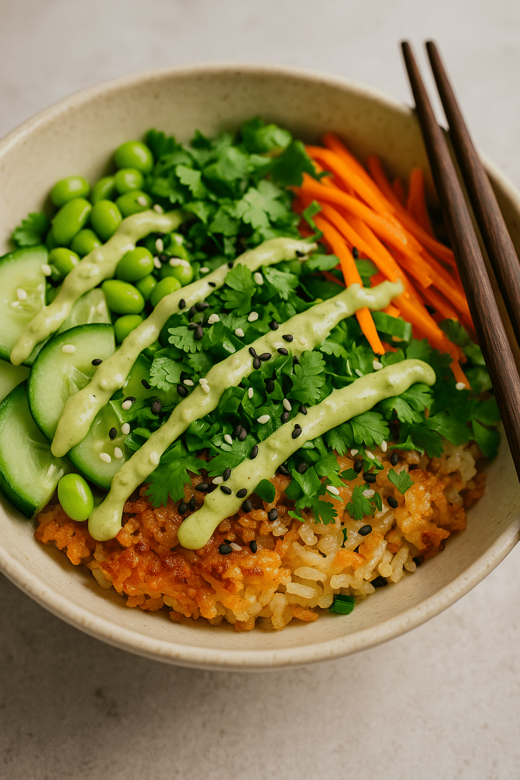 Crispy Rice Salad Bowl mit Edamame und Wasabi-Dressing